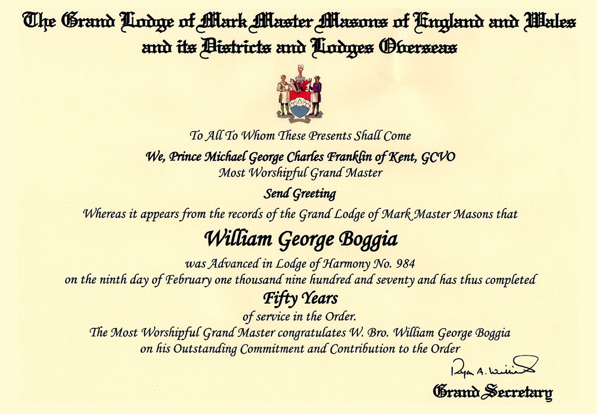 Bill Boggia celebrates 50 years of Mark Masonry - Kent Provincial Grand ...